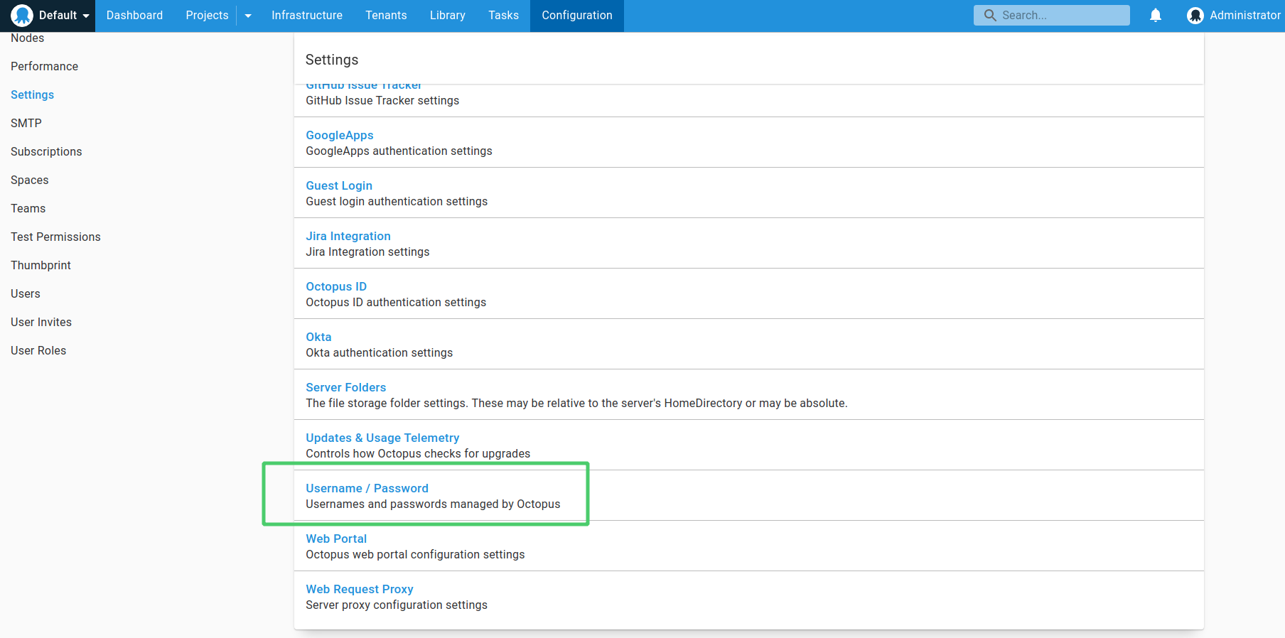 Username and Password - Octopus Deploy